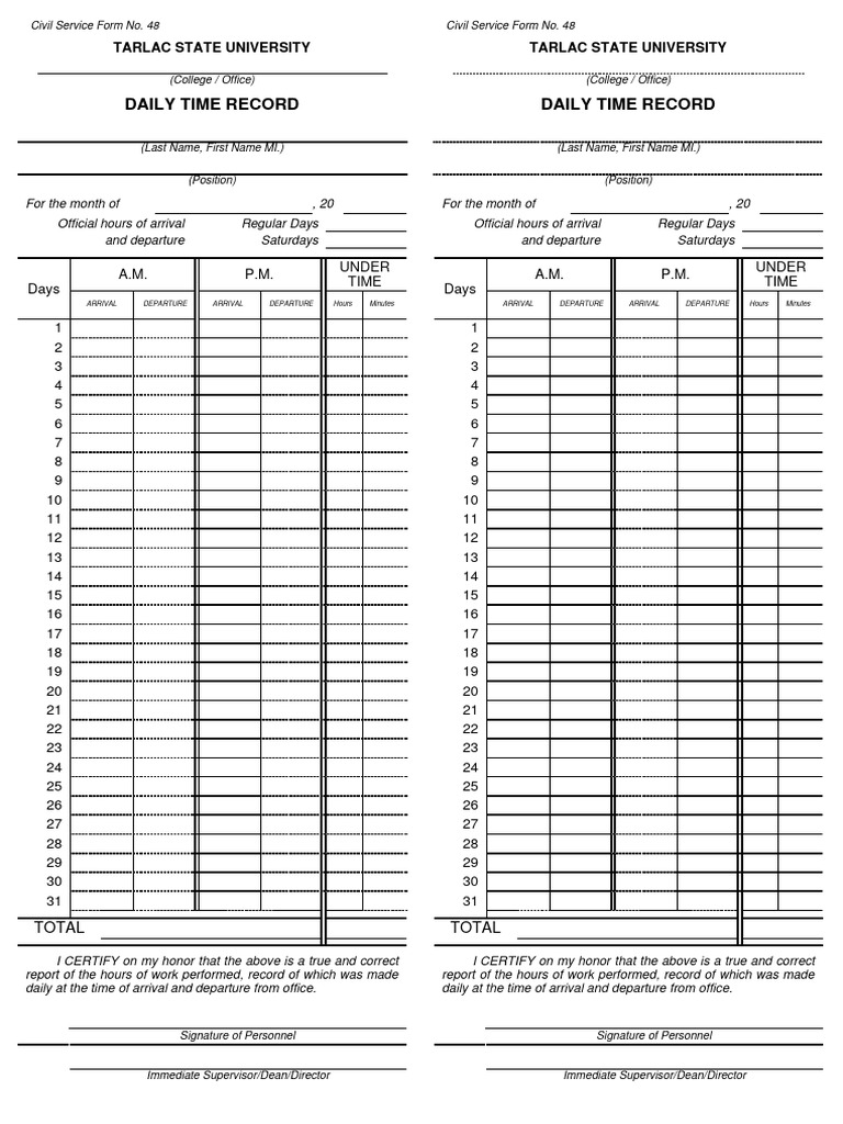 Cs Form 48 Daily Time Record DTR | PDF