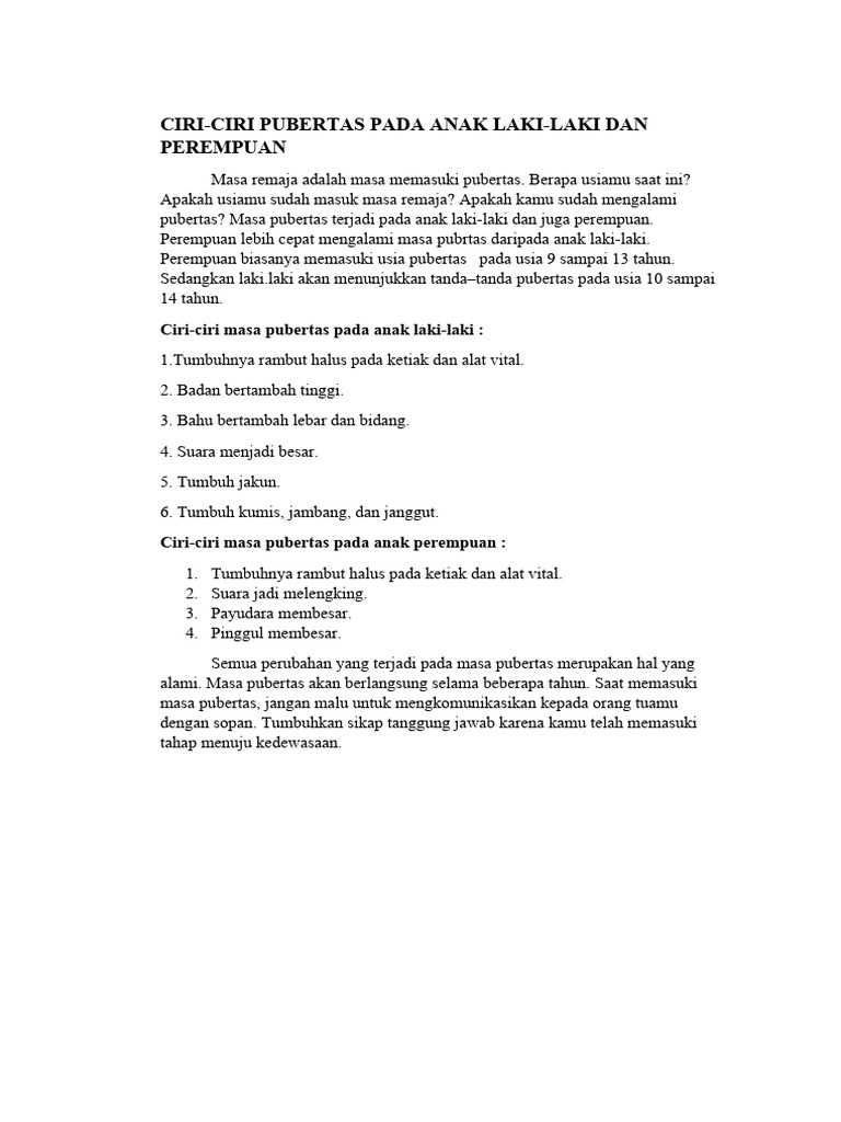 Ciri-Ciri Pubertas Anak Laki-Laki & Perempuan | PDF