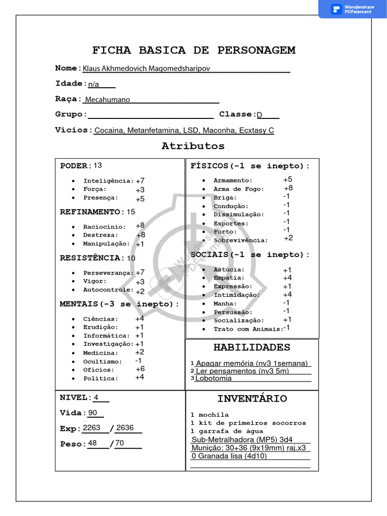 FICHA SCP Klaus | PDF
