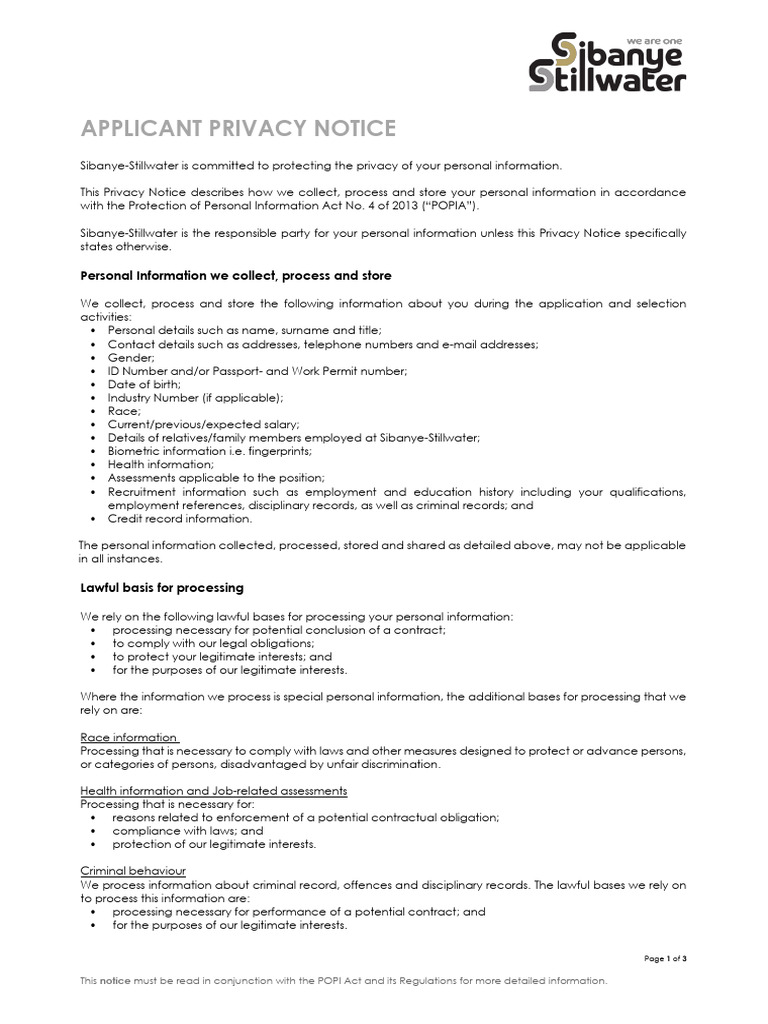 Sibanye-Stillwater Applicant Privacy Notice | PDF | Information ...