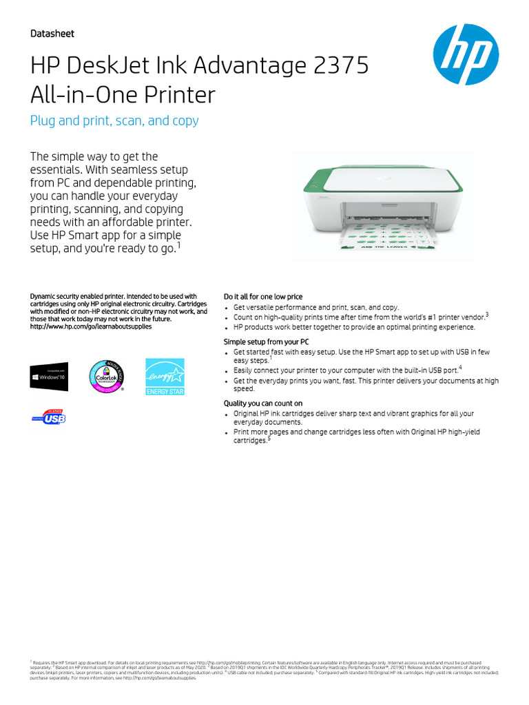 7WQ01A - HP DeskJet Ink Advantage 2375 All-In-One Printer - LAR - 4AA7 ...