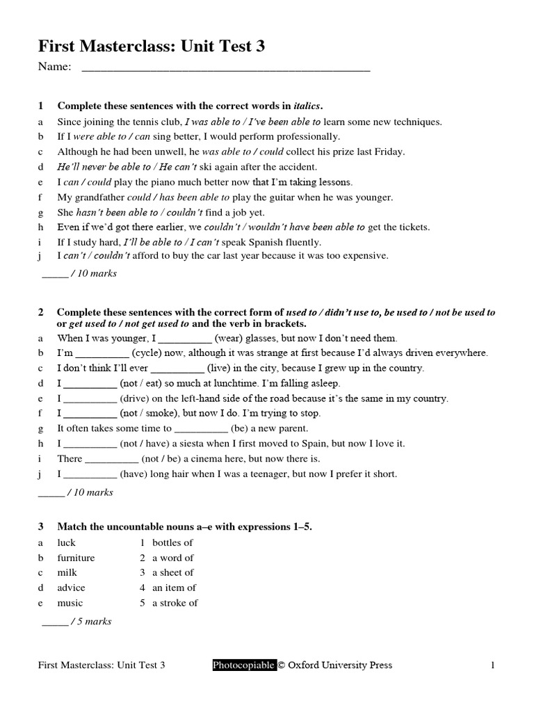 First Masterclass Unit Test 3 | PDF