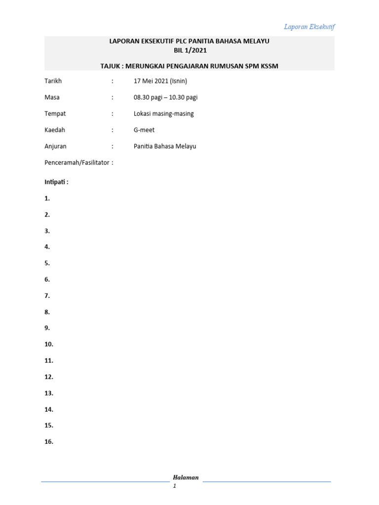 Contoh Laporan Eksekutif PLC 2021 | PDF