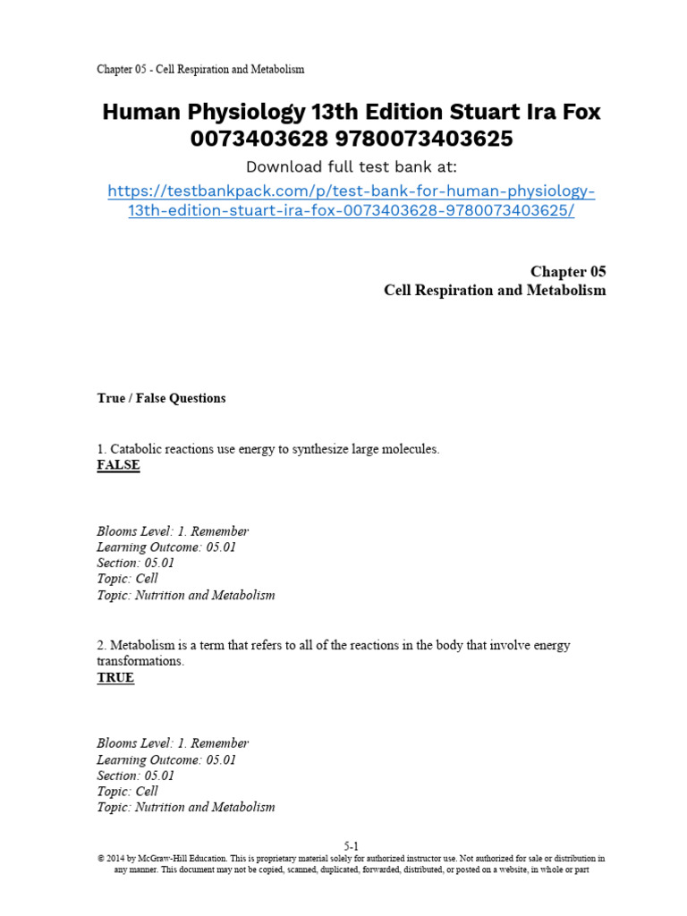 Human Physiology 13th Edition Stuart Ira Fox Test Bank 1 | PDF ...