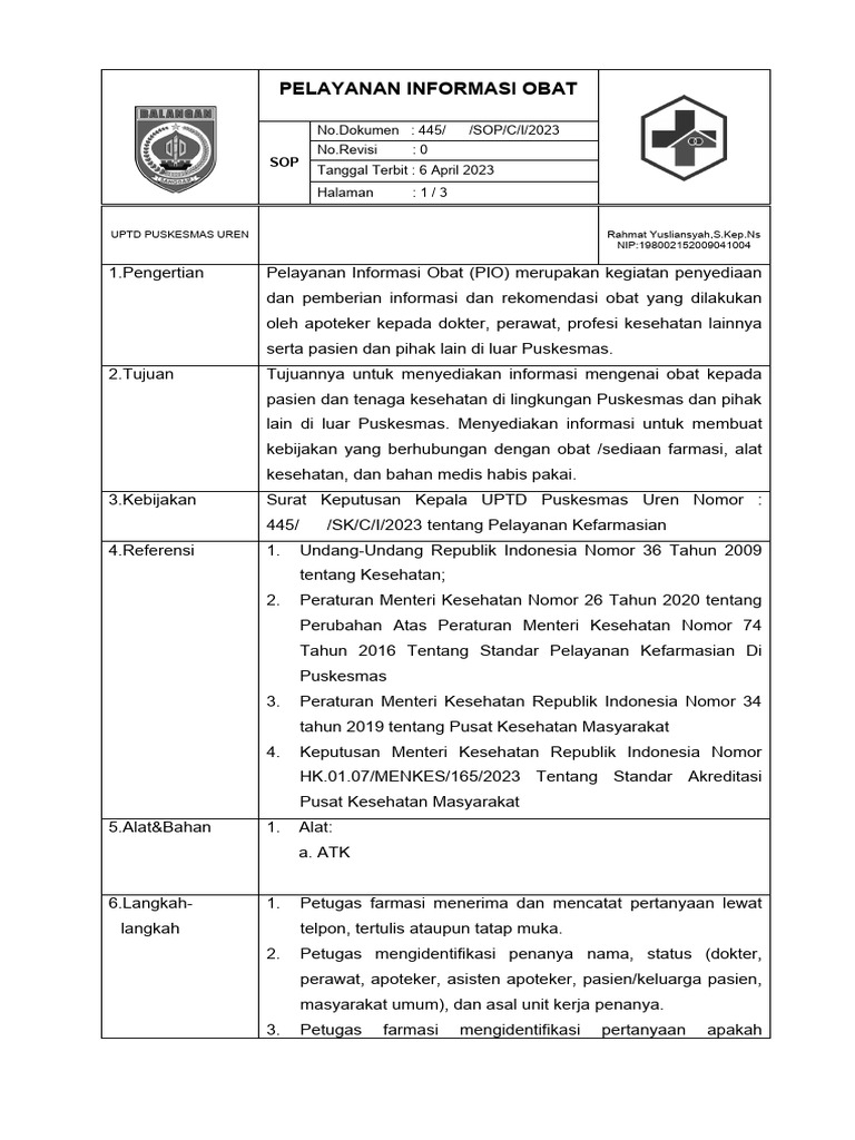 Sop Pelayanan Informasi Obat | PDF