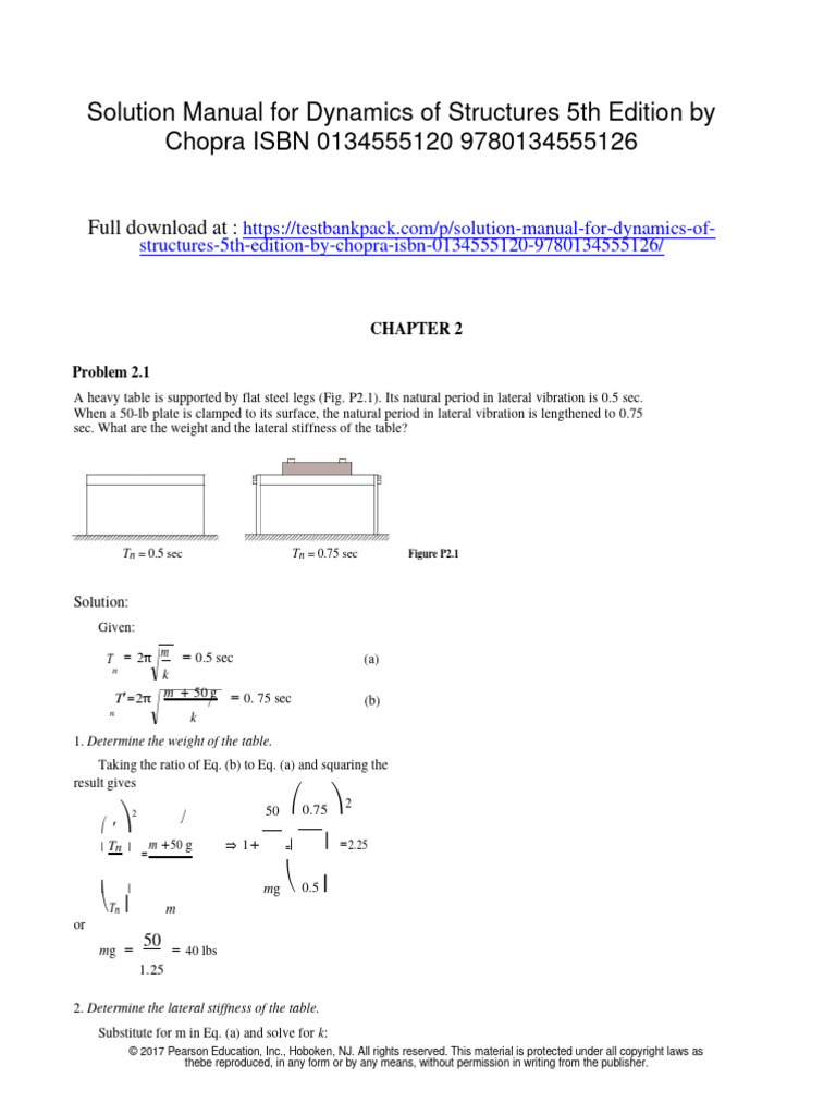 Solution Manual For Dynamics of Structures 5th Edition by Chopra ISBN 0134555120 9780134555126 ...
