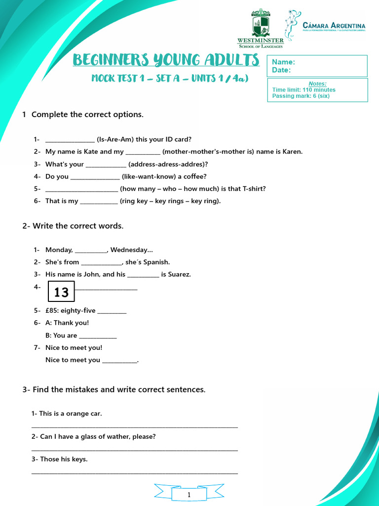 Beginners Adults Test 1 | PDF