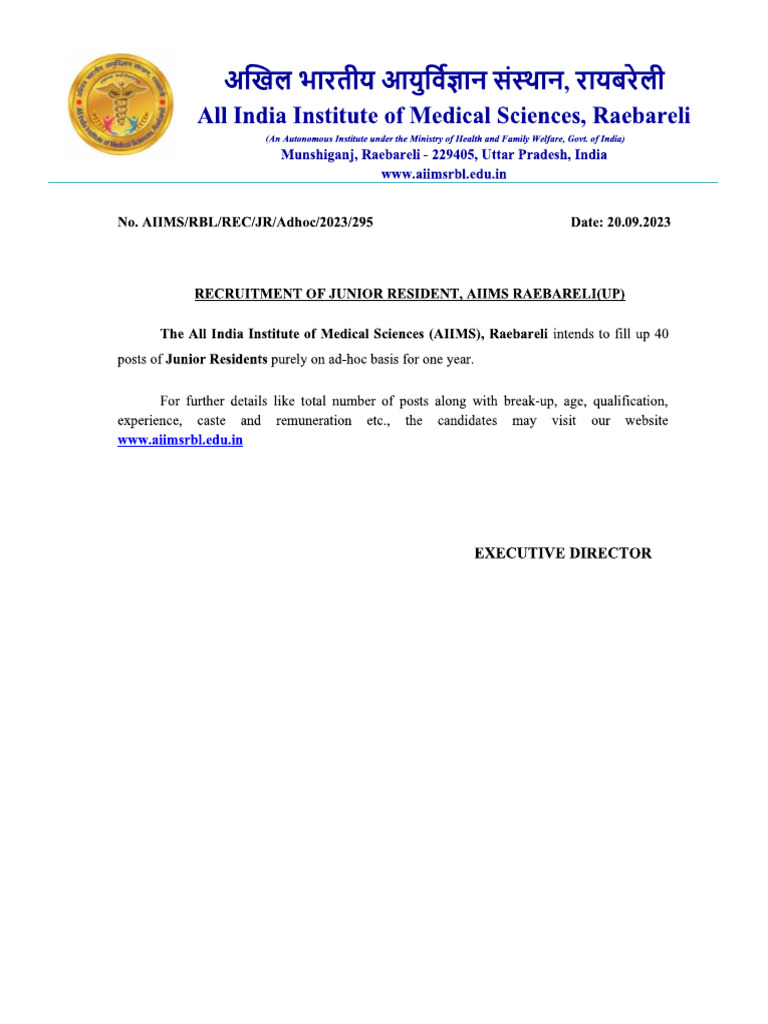 Aiims Raebareli Junior Resident Vacancies | PDF