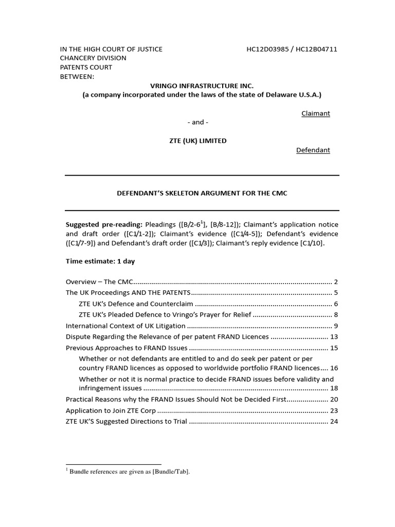 Vringo V ZTE - ZTE's Skeleton Argument For CMC (Final Draft) | PDF