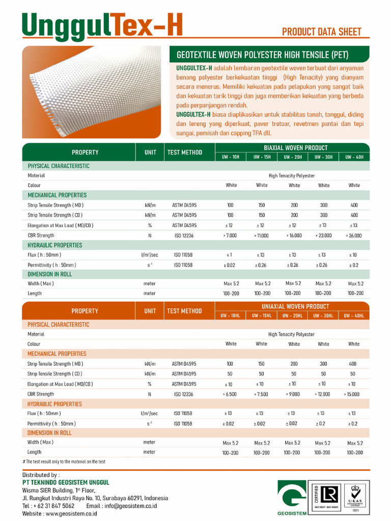 Datasheet Unggultex-H Geotextile Woven Pet | PDF