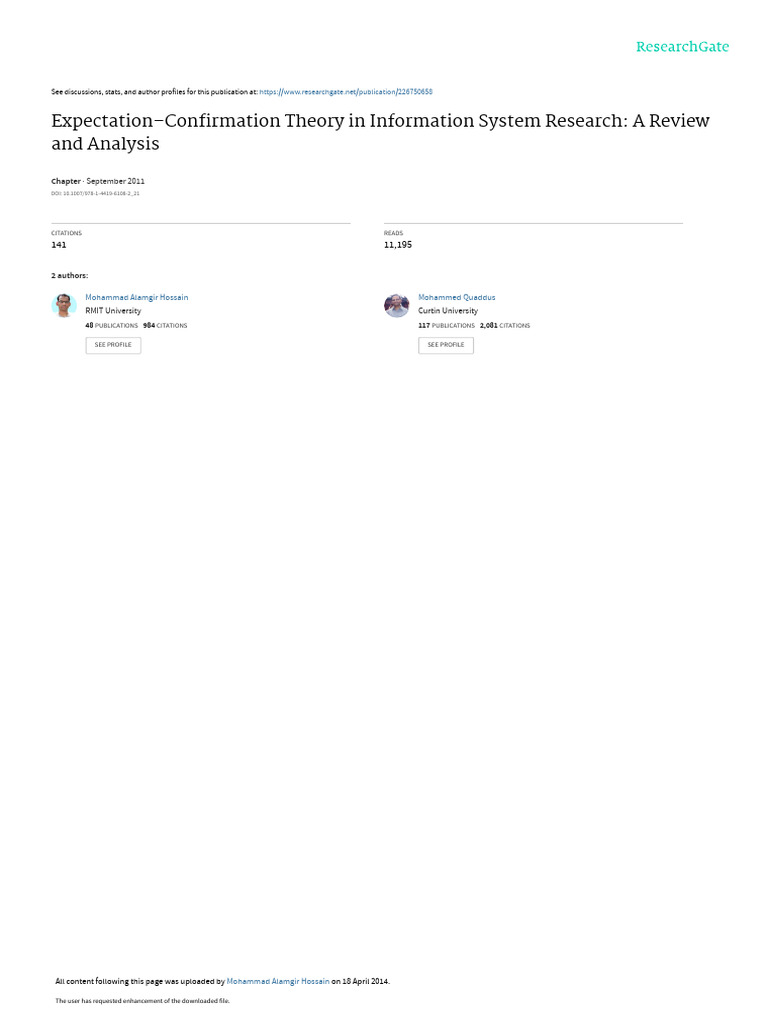 Expectation-Confirmation Theory in Information System Research: A Review and Analysis | PDF ...