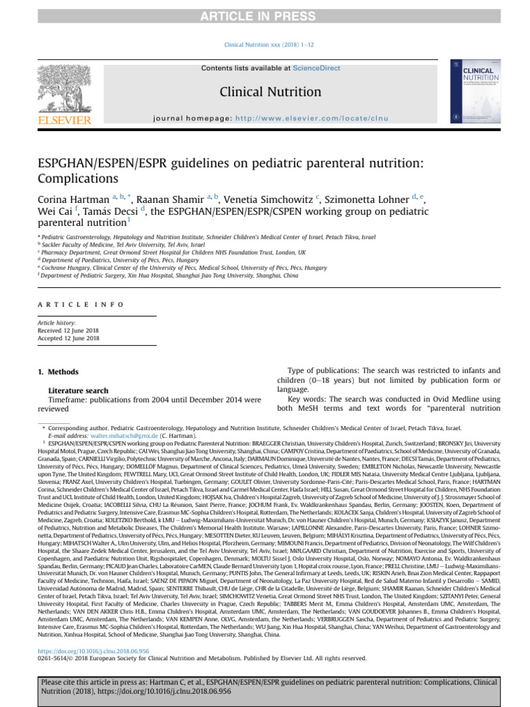 ESPGHAN - ESPEN - ESPR Guidelines On Pediatric Parenteral Nutrition ...
