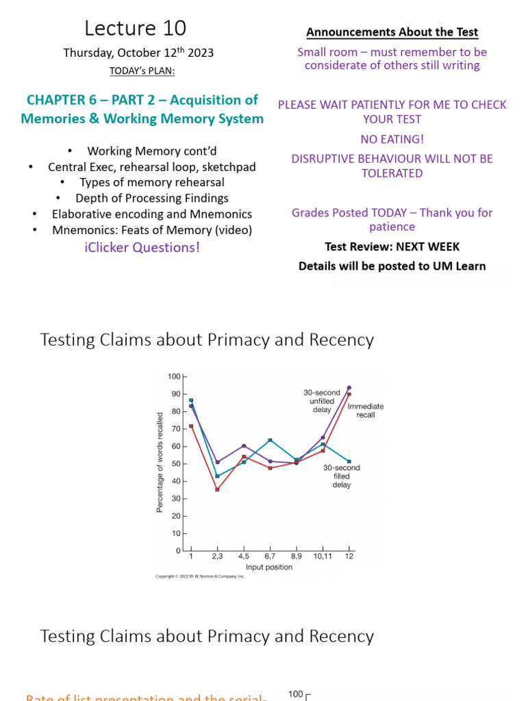 Lecture 10 Posted Slides Ch 6 Part 2 Acquizition Of Memories And Working Memory Oct 12