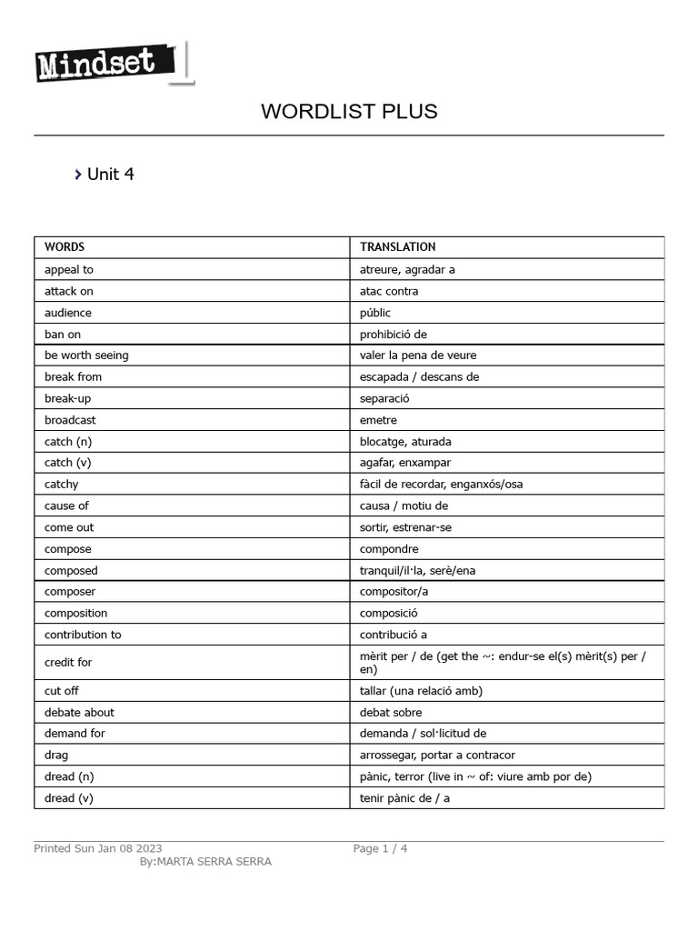 Vocabulary Unit 4 | PDF