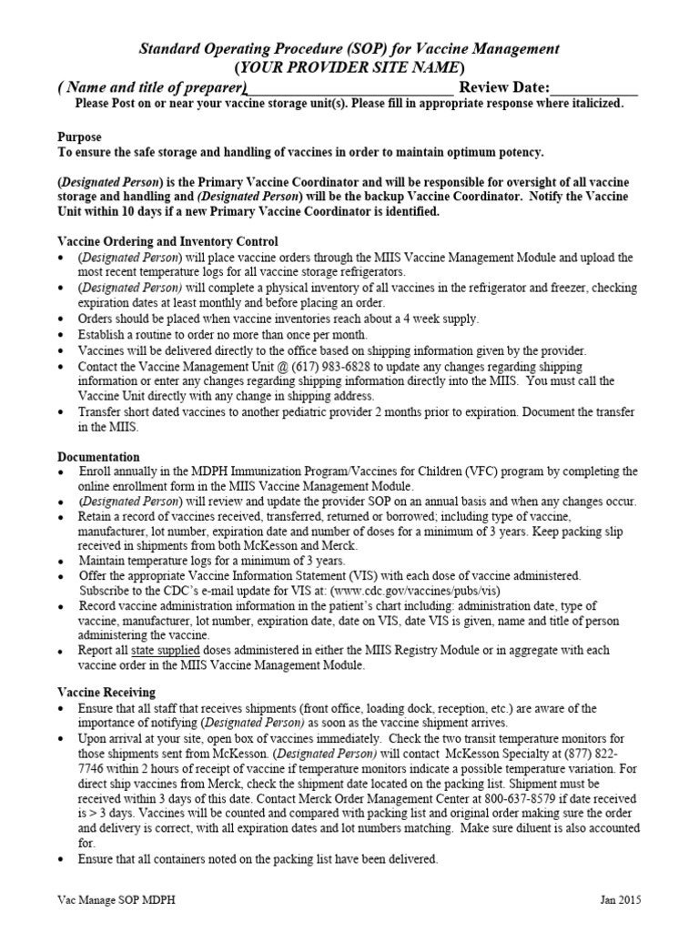 Vaccine Management SOP Guidelines | PDF | Refrigerator | Public Health