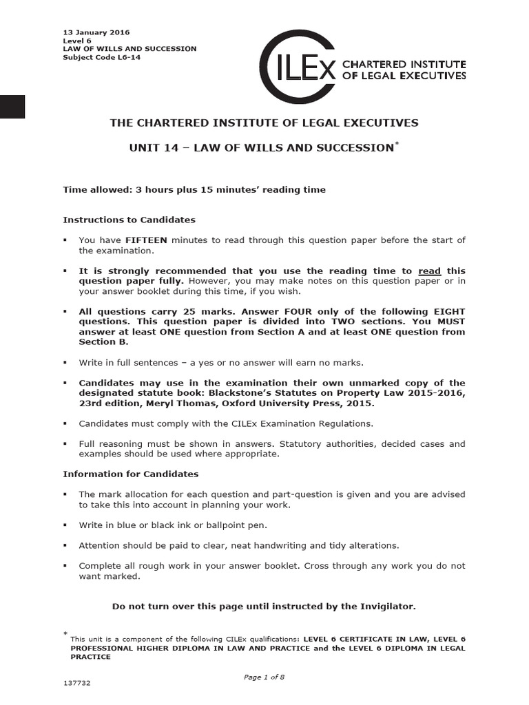 L6U14 Law of Wills & Succession 2016 January Question Paper | PDF
