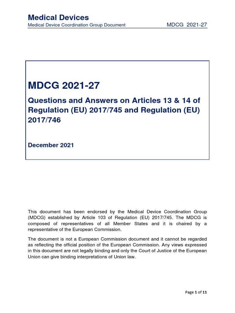 MDCG 2021-27 - QA Articles 13, 14 MDR & IVDR | PDF | Medical Device ... MDCG 2021-27 - QA Articles 13, 14 MDR & IVDR | PDF | Medical Device ...