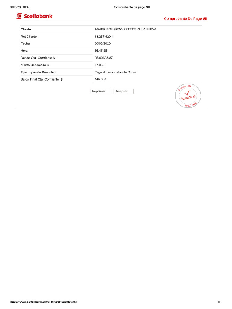 Comprobante de Pago Sii - Declaracion de Renta 2023 | PDF