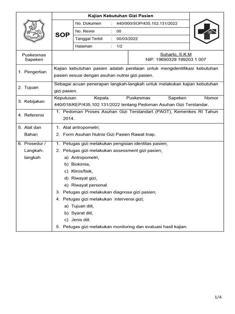 3.5.1 Ep.A (2) SOP Kajian Kebutuhan Gizi Pasien (Spk-Fixs) | PDF