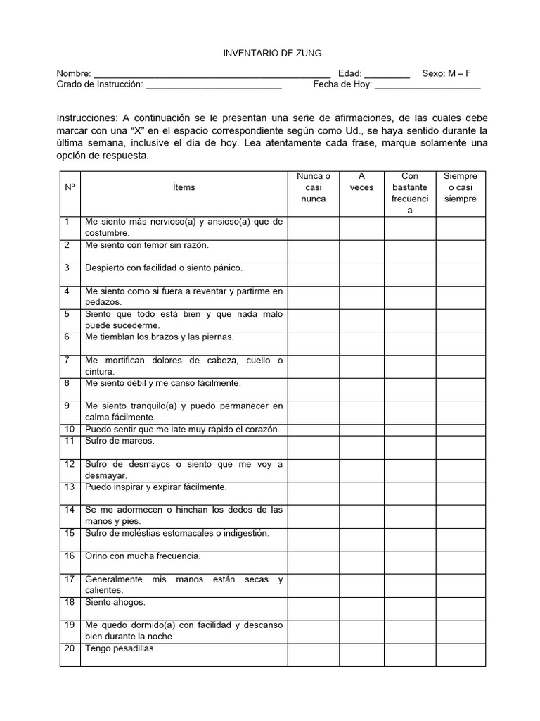 Test de Zung Ansiedad (Hoja de Respuesta) | PDF