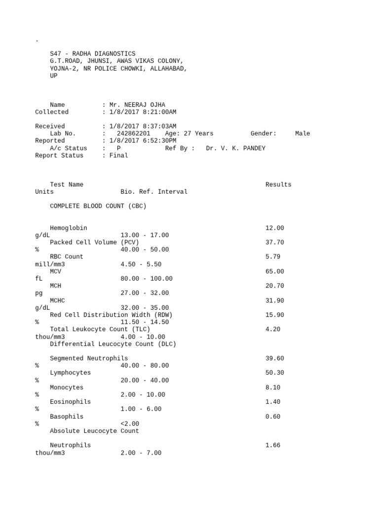 Blood Report PDF | Download Free PDF | White Blood Cell | Body Fluids