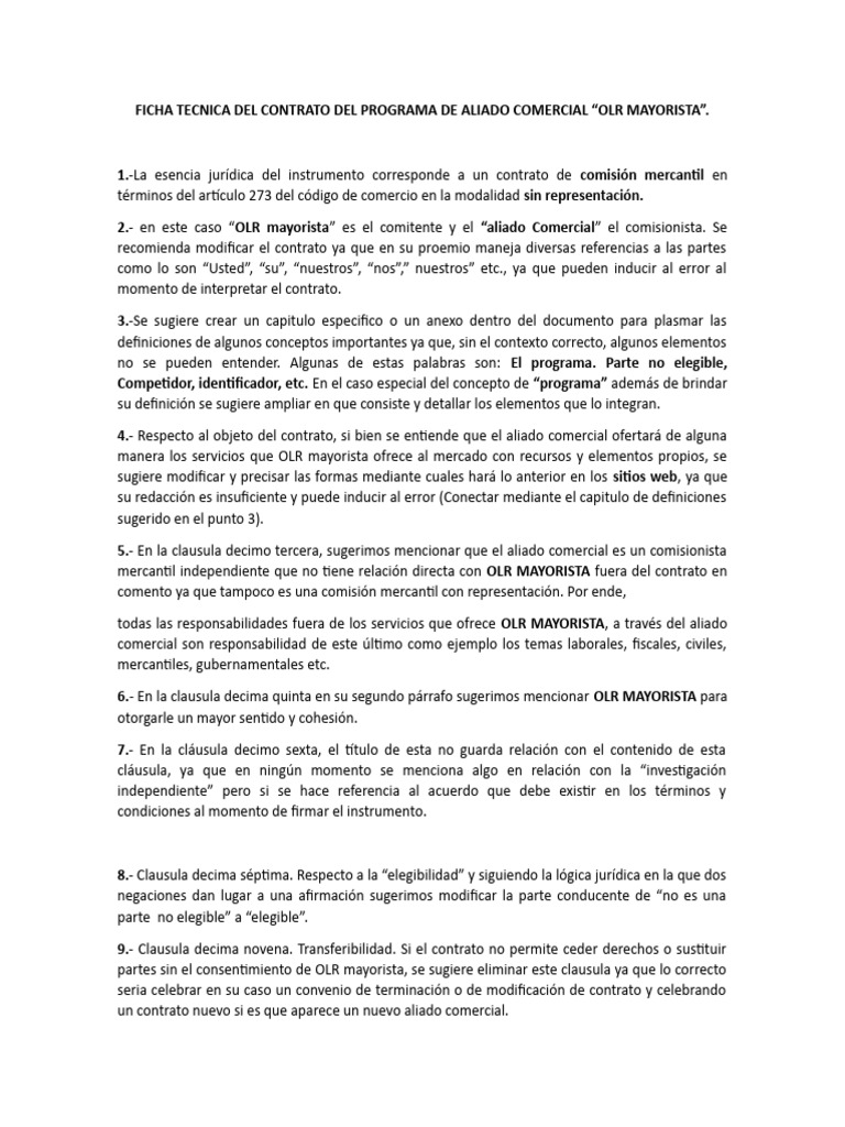 Ficha Tecnica Del Contrato Del Programa de Aliado Comercial | PDF