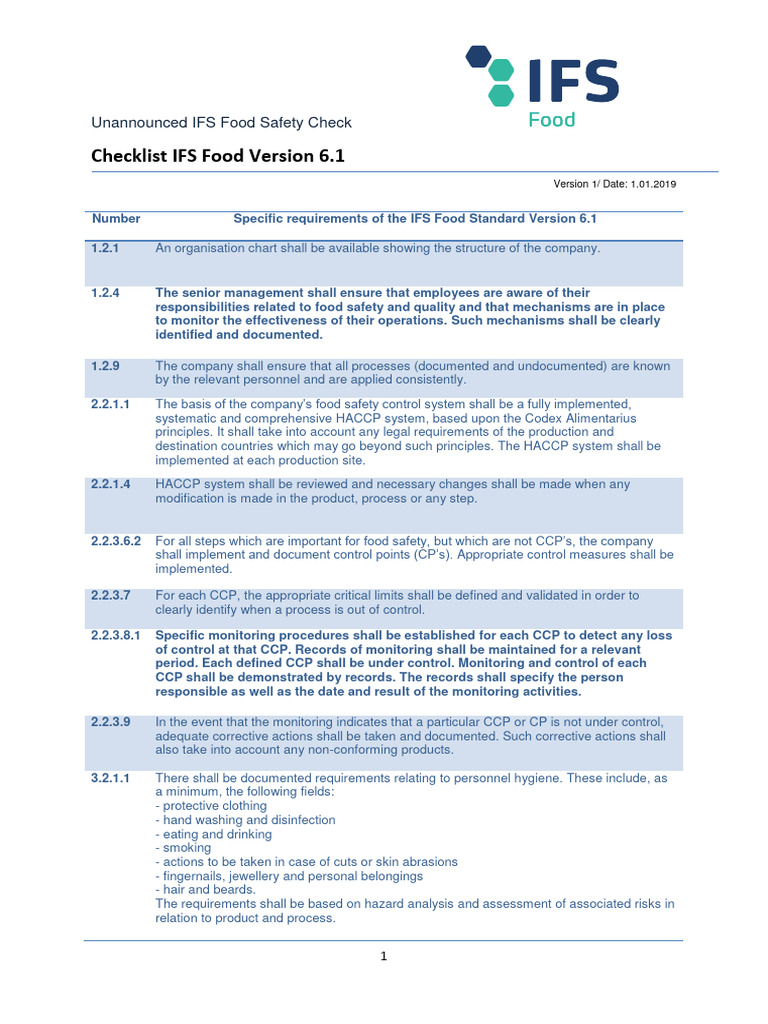 11 FSC Checklist IFS Food Version 6.1 V1 | PDF