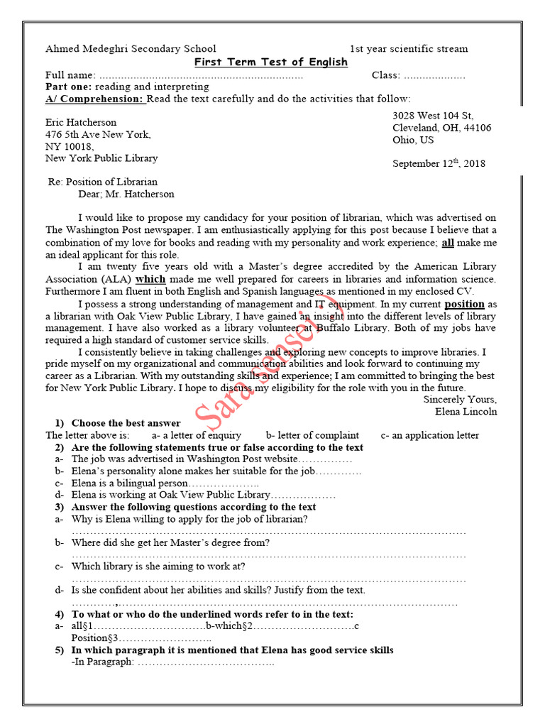 English Test: Librarian Application Letter | PDF | Ellipsis | Librarian
