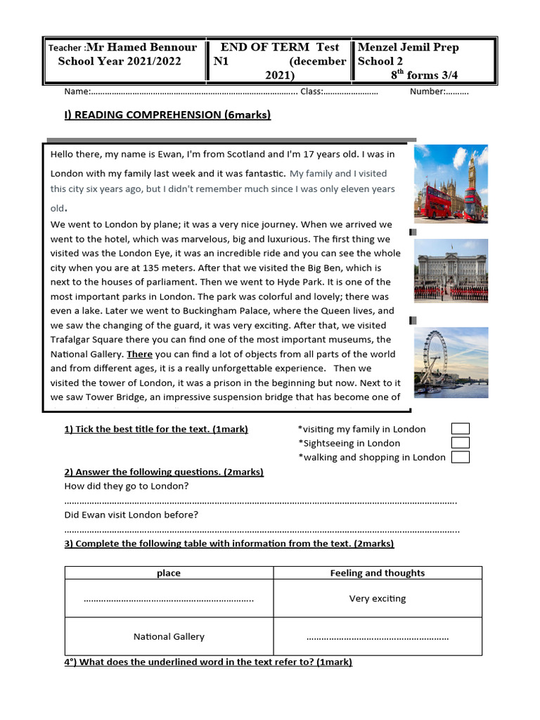 Endofterm Test n1 8th Form Reading Comprehension Exercises - 139973 | PDF