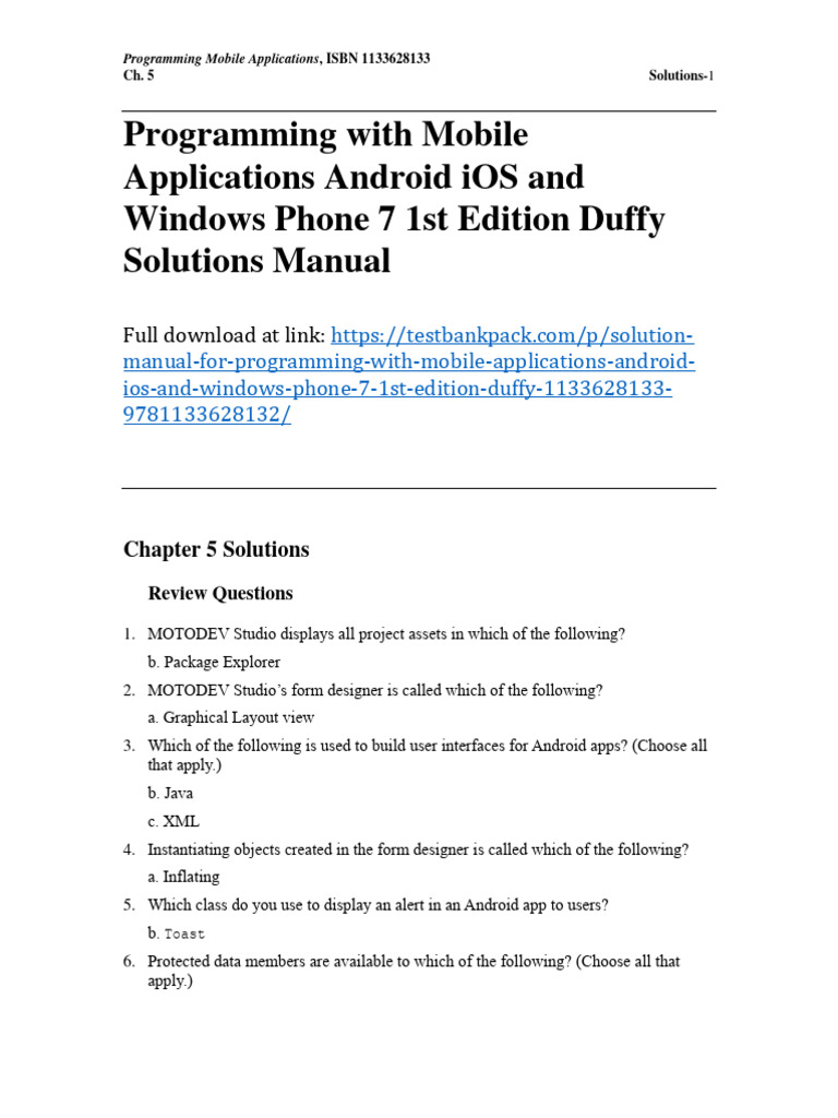 Programming With Mobile Applications Android IOS and Windows Phone 7 1st Edition Duffy Solutions ...