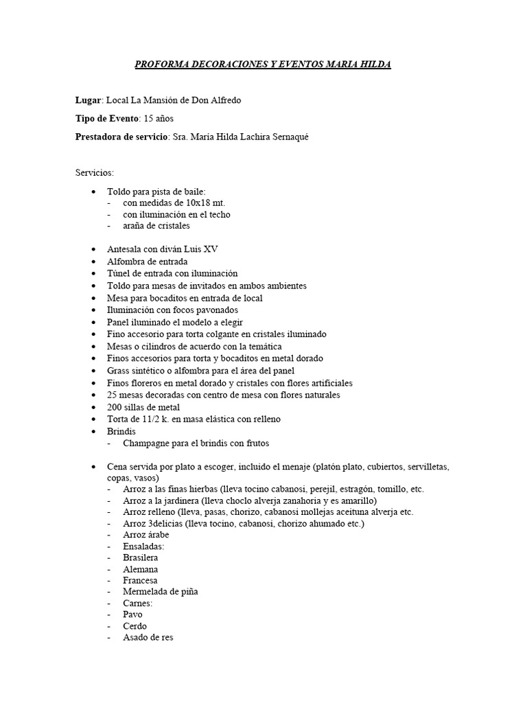 Proforma para Evento 15 Años Ultimo 2 | PDF | Alimentos | Cocina