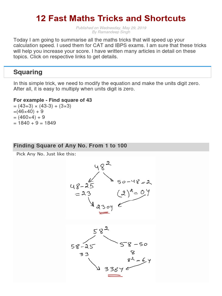 12 Fast Maths Tricks and Shortcuts | PDF | Multiplication | Numbers
