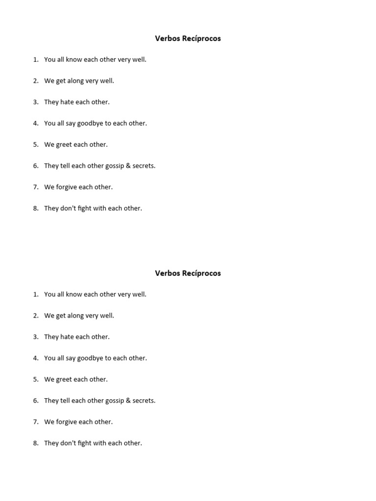 Reciprocal Reflexive Verb Practice | PDF