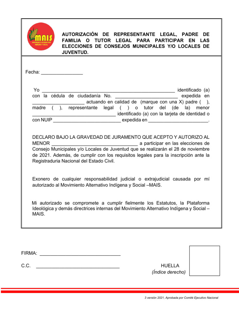 Formato Carta de Autorizacion Del Representante Legal Del Menor v3 | PDF