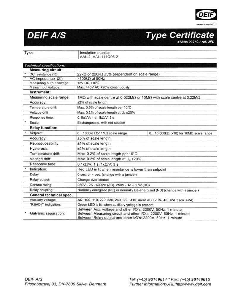 AAL-2 Type Certificate 414010027 UK Insulation Monitor | PDF