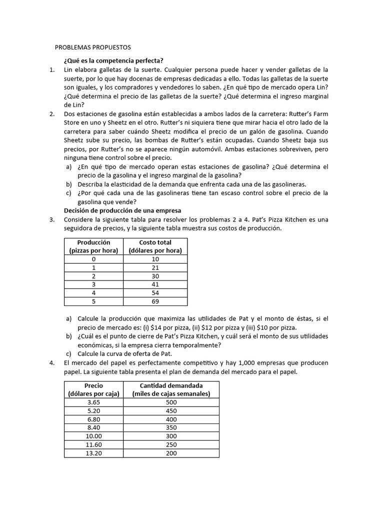 PROBLEMAS PROPUESTOS Competencia Perfecta | PDF