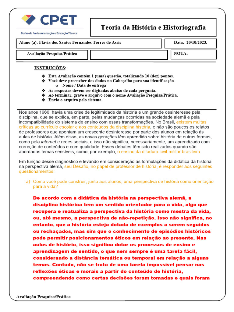 Teoria Da História e Historiografia - Atividade Prática Final - Nova Plataforma | PDF | História