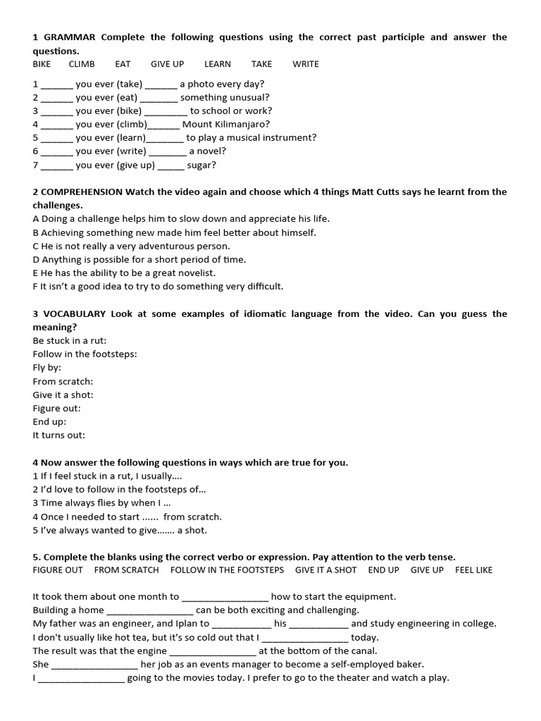 1 GRAMMAR Complete The Following Questions Using The Correct Past ...