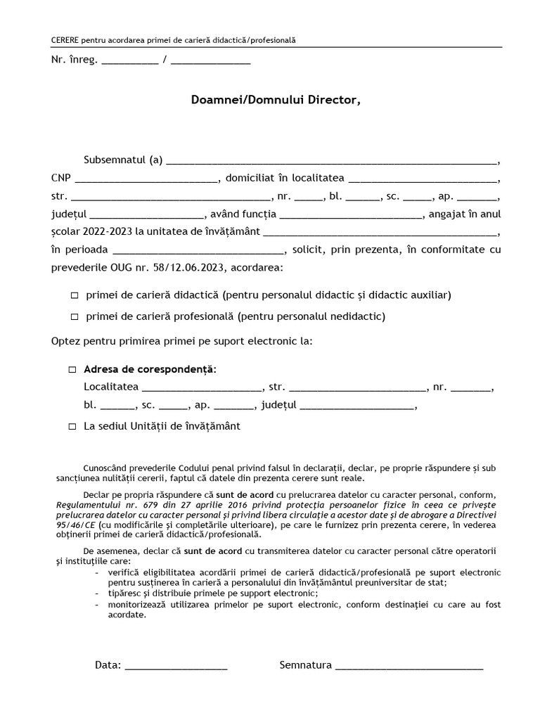 CERERE pentru acordarea primei de carieră didactică (1) | PDF