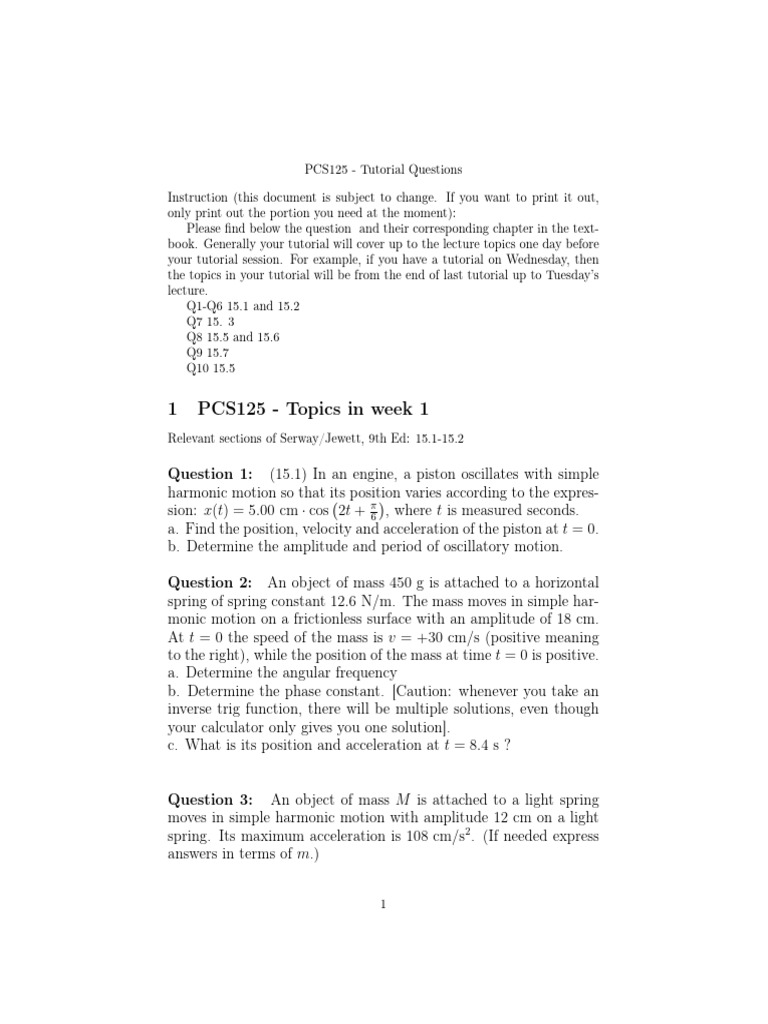 PCS125 Tutorial Questions | PDF | Waves | Oscillation