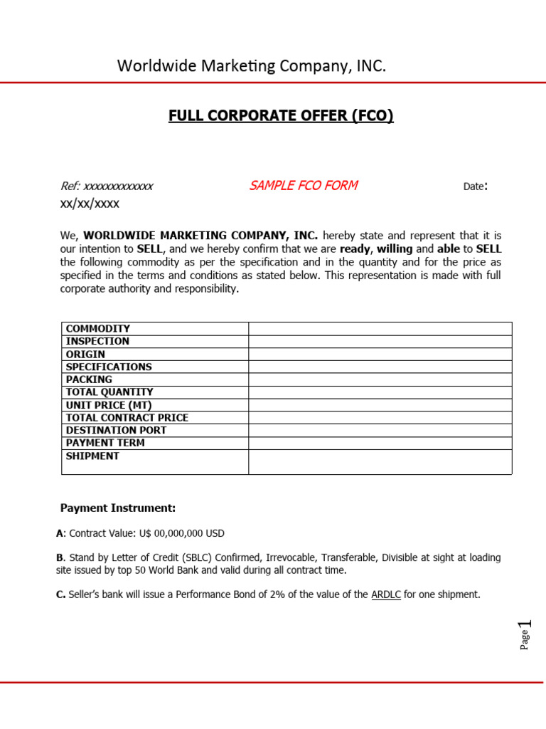 Sample Full Corporate Offer (FCO) | PDF | Letter Of Credit | Sales