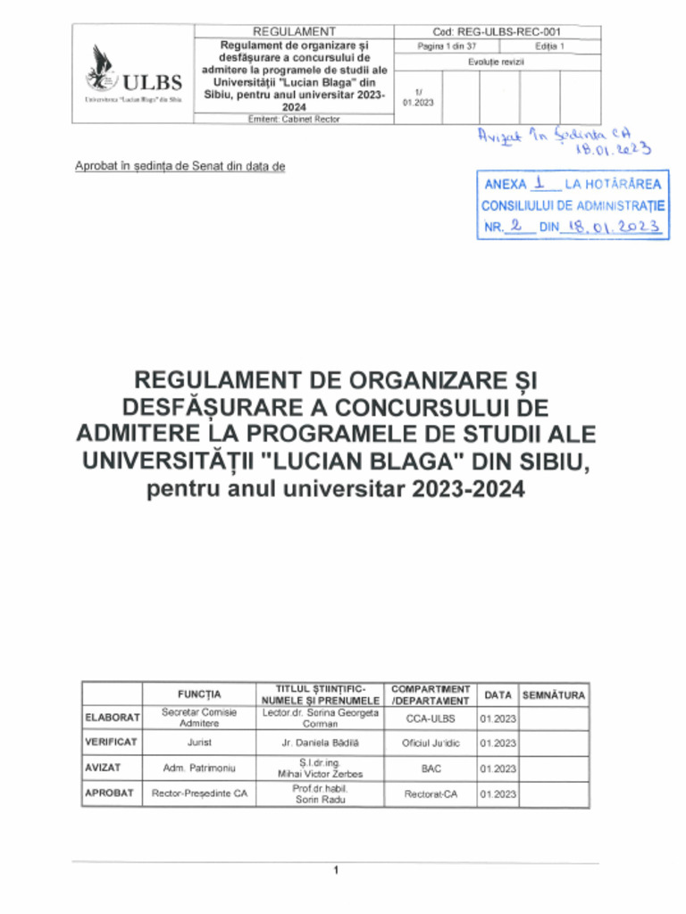 Anexa 1 - Regulament Admitere ULBS 2023-2024 | PDF