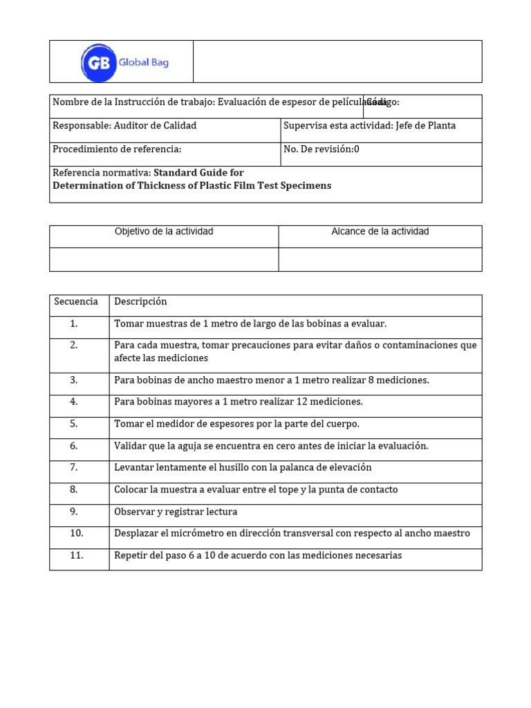 Hoja para Instructivos de Trabajo | PDF