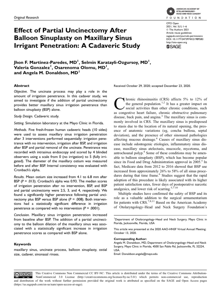 Effect of Partial Uncinectomy After Balloon Sinuplasty On Maxillary ...