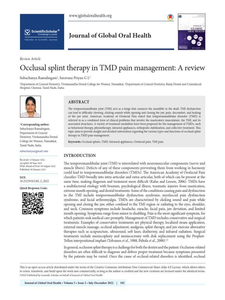 Occlusal Splint Therapy in TMD Pain Management - A Review | PDF