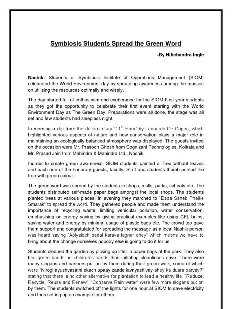 Symbiosis Students Spread The Green Word | PDF | Sustainable ...