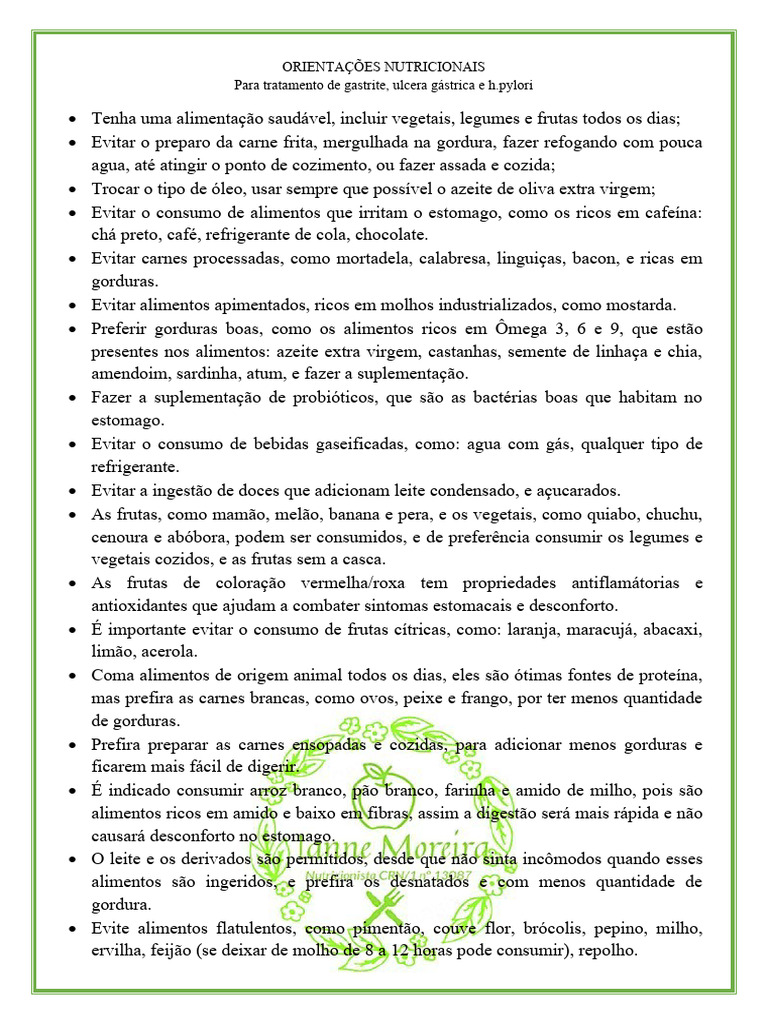 Dieta e Cardápio para H. Pylori e Gastrite | PDF