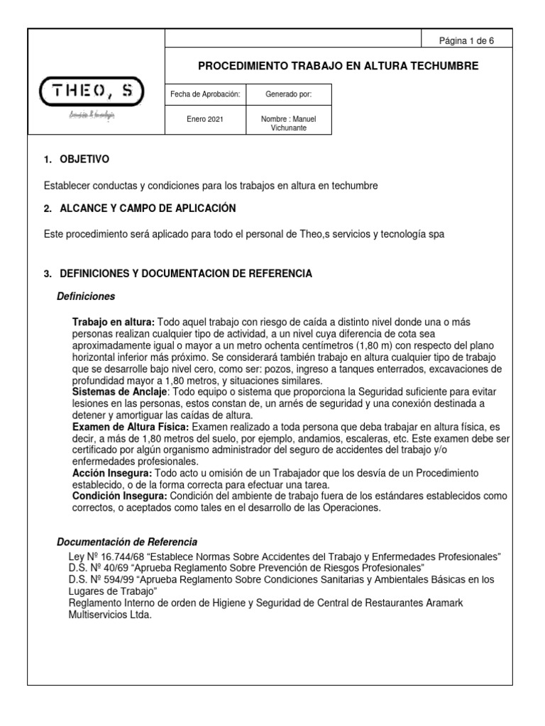 Procedimiento trabajo en altura techumbre Theo,s | PDF