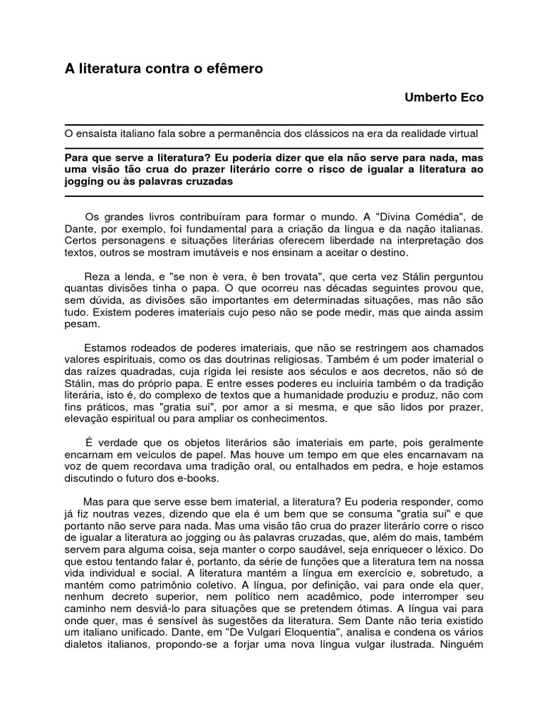 1-ECO, Umberto - A Literatura Contra o Efêmero | PDF 1-ECO, Umberto - A Literatura Contra o Efêmero | PDF