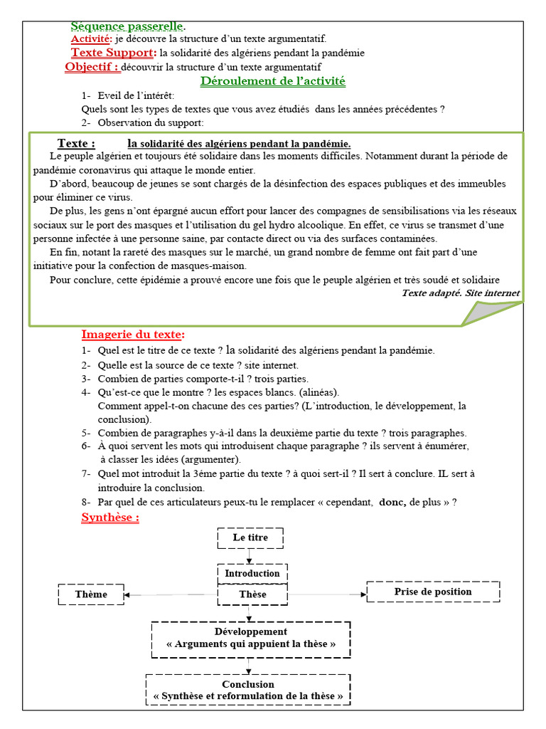 Séquence Passerelle La Structure Uune Texte Argumentatif 1 | PDF